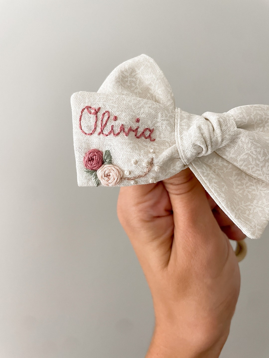 Floral Hand Embroidered Bow - Two Roses - Hand Embroidered Name Bow ...