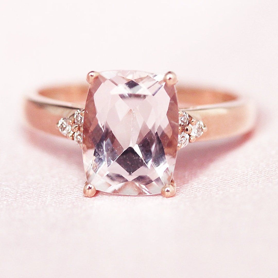 6*8mm Cushion Cut Natural Morganite Ring Diamonds Accent Wedding Ring ...