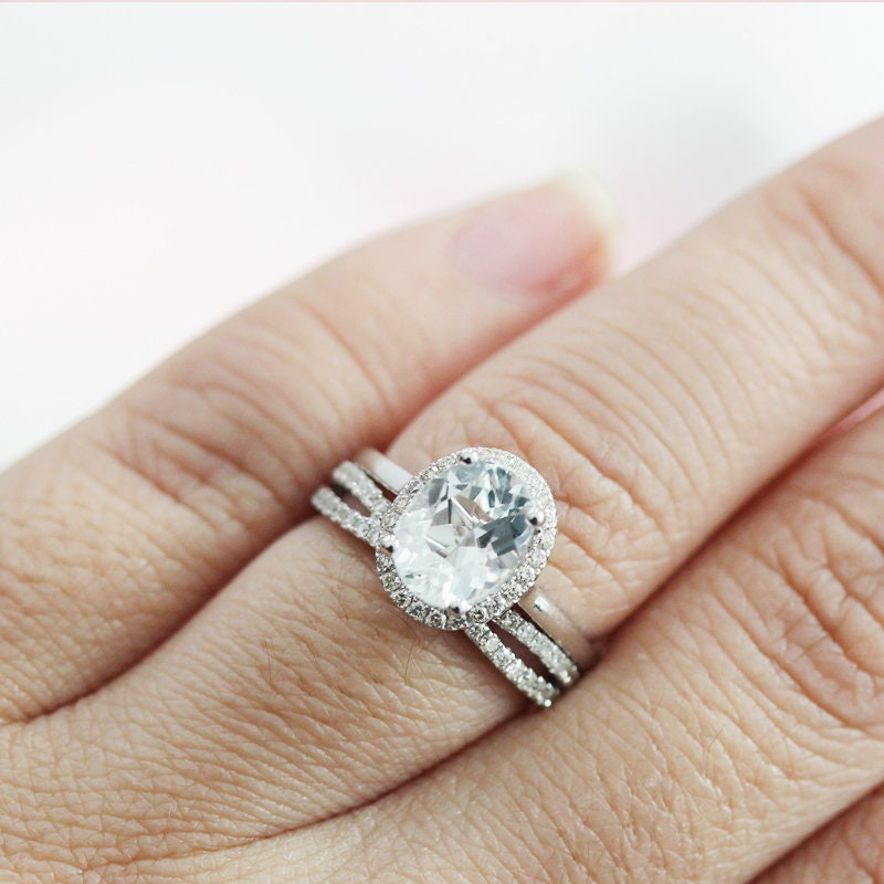 November Birthstone Ring Set 7x9mm Oval Cut Natural White | Etsy