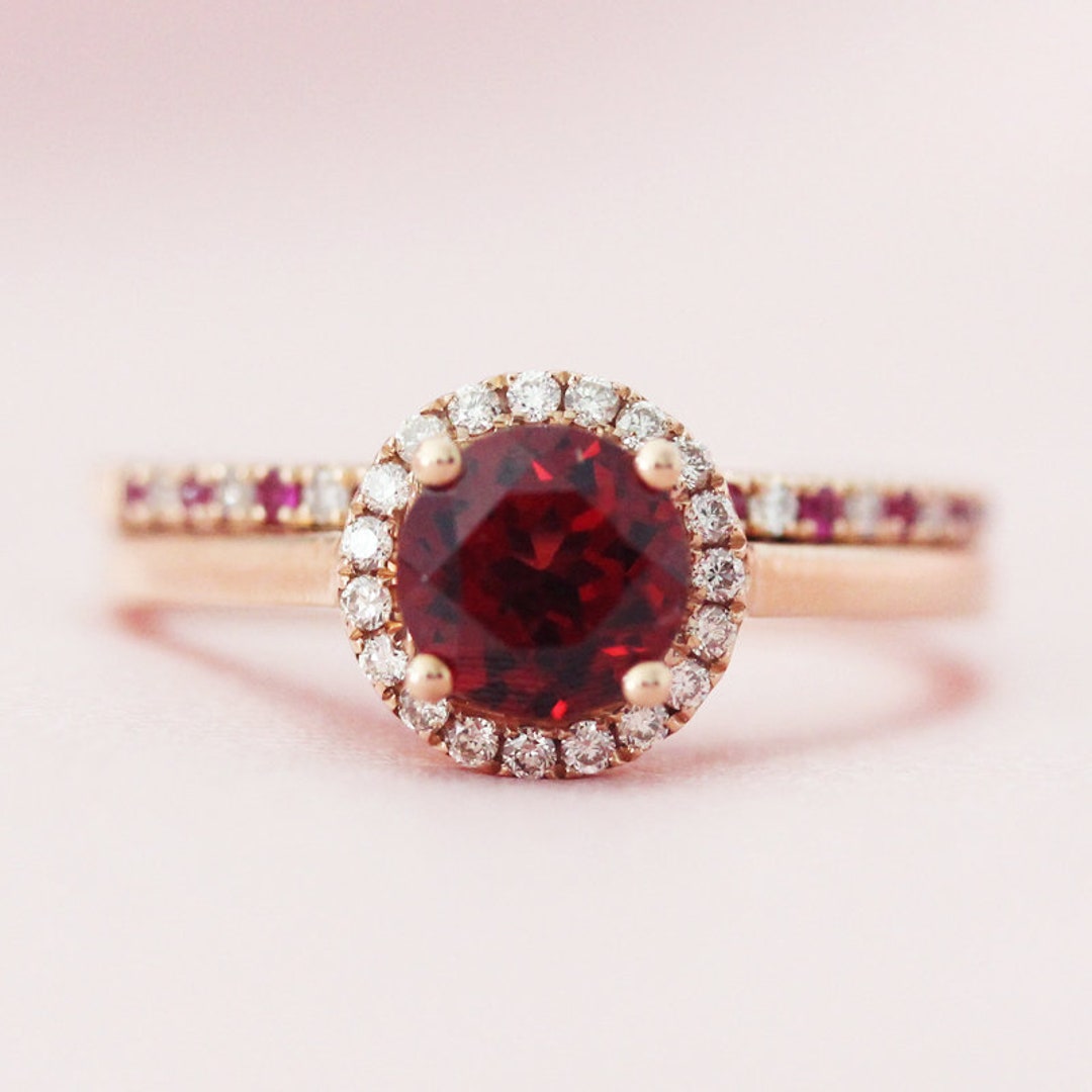 Red Gemstone Ring Set 6mm Round Cut Natural Garnet Ring Birthstone Ring ...