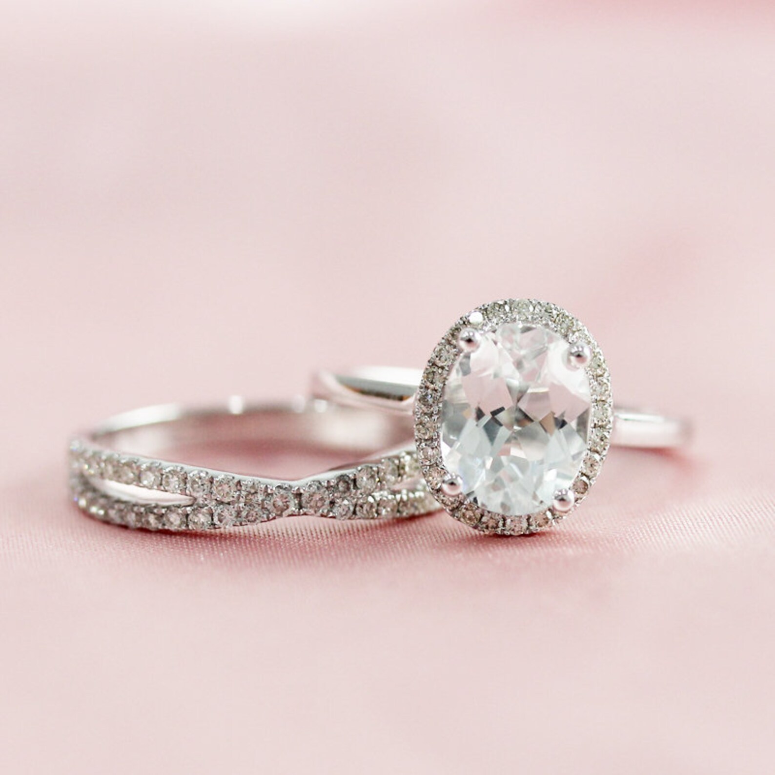 November Birthstone Ring Set 7x9mm Oval Cut Natural White | Etsy