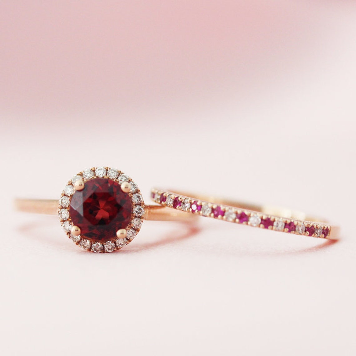 Red Gemstone Ring Set 6mm Round Cut Natural Garnet Ring | Etsy