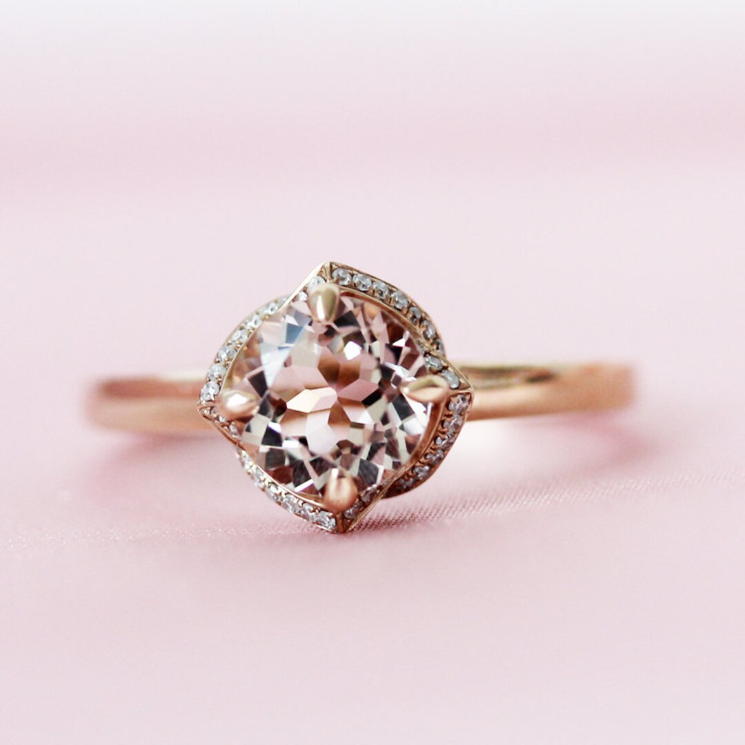 Unique Rose Shaped Round Natural Pink VS Morganite Ring Solid 14K Rose ...
