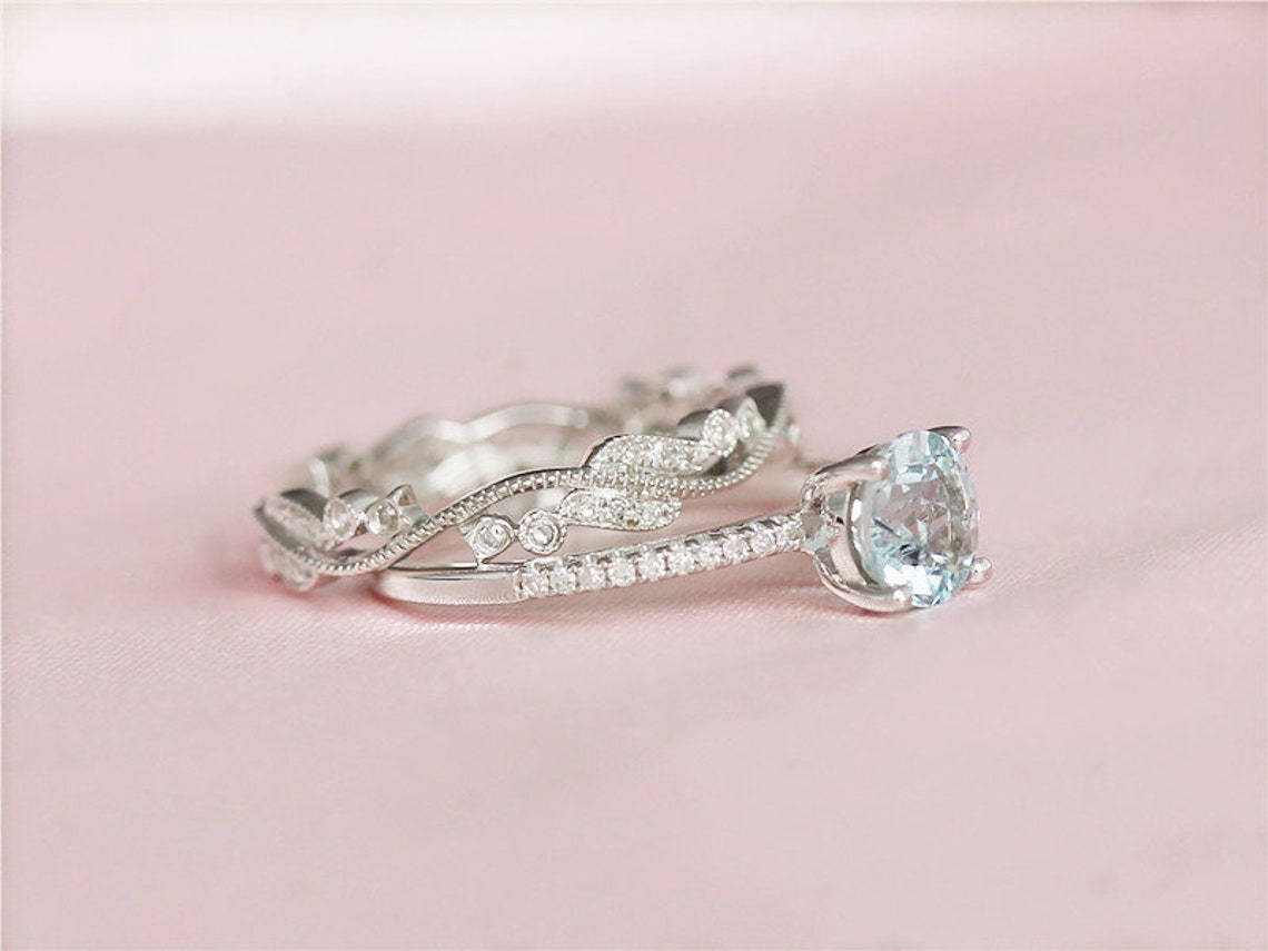 6mm Round Cut Aquamarine Ring Set Solid 14K White Gold | Etsy