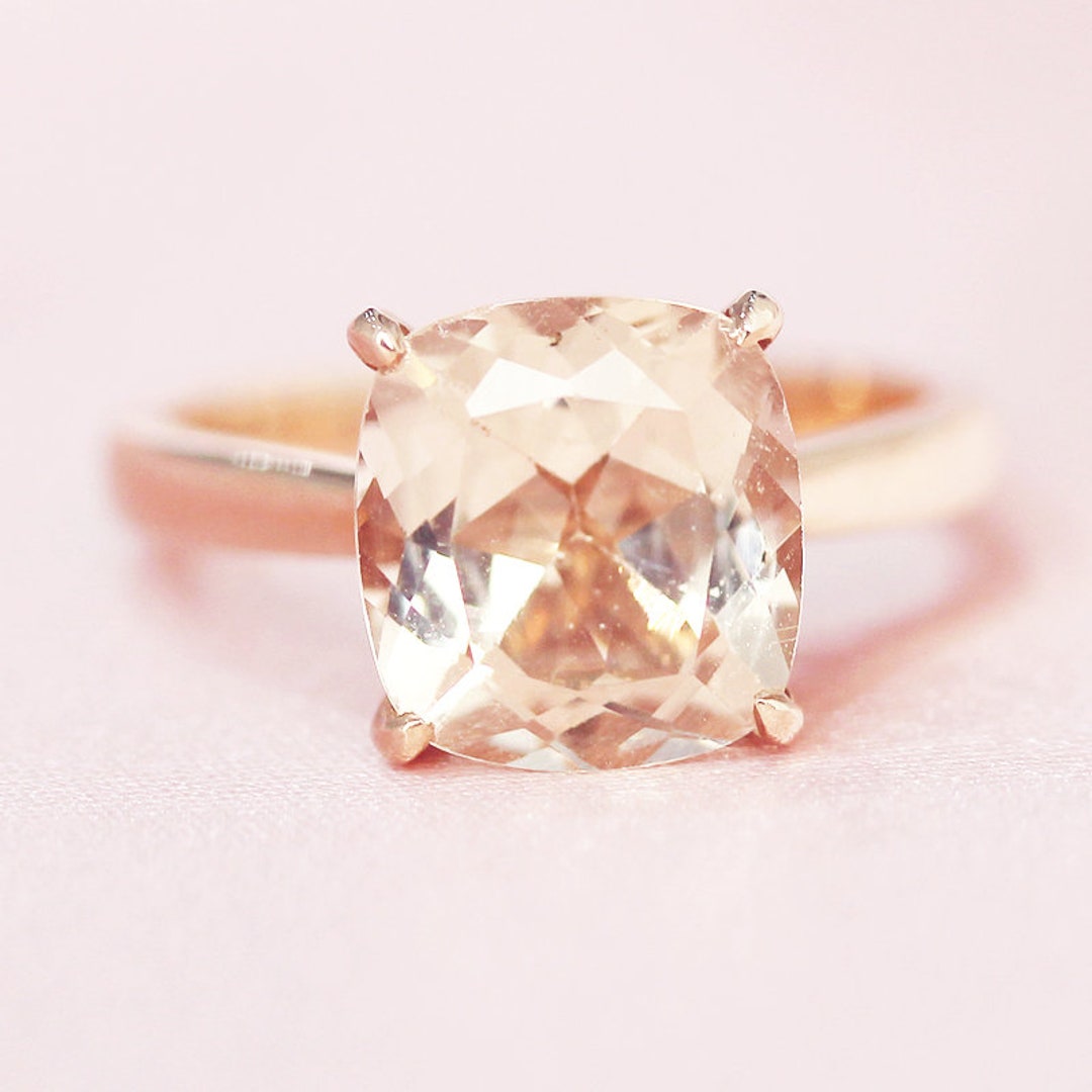 Natural Morganite Ring 7mm Cushion Shaped Pink Gem Ring 14K Rose Gold ...