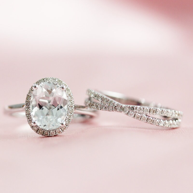 November Birthstone Ring Set 7x9mm Oval Cut Natural White | Etsy