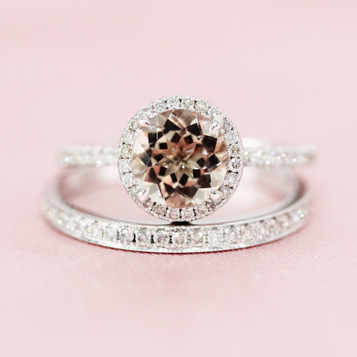 7mm Round Cut Natural Morganite Ring Set Half Eternity - Etsy