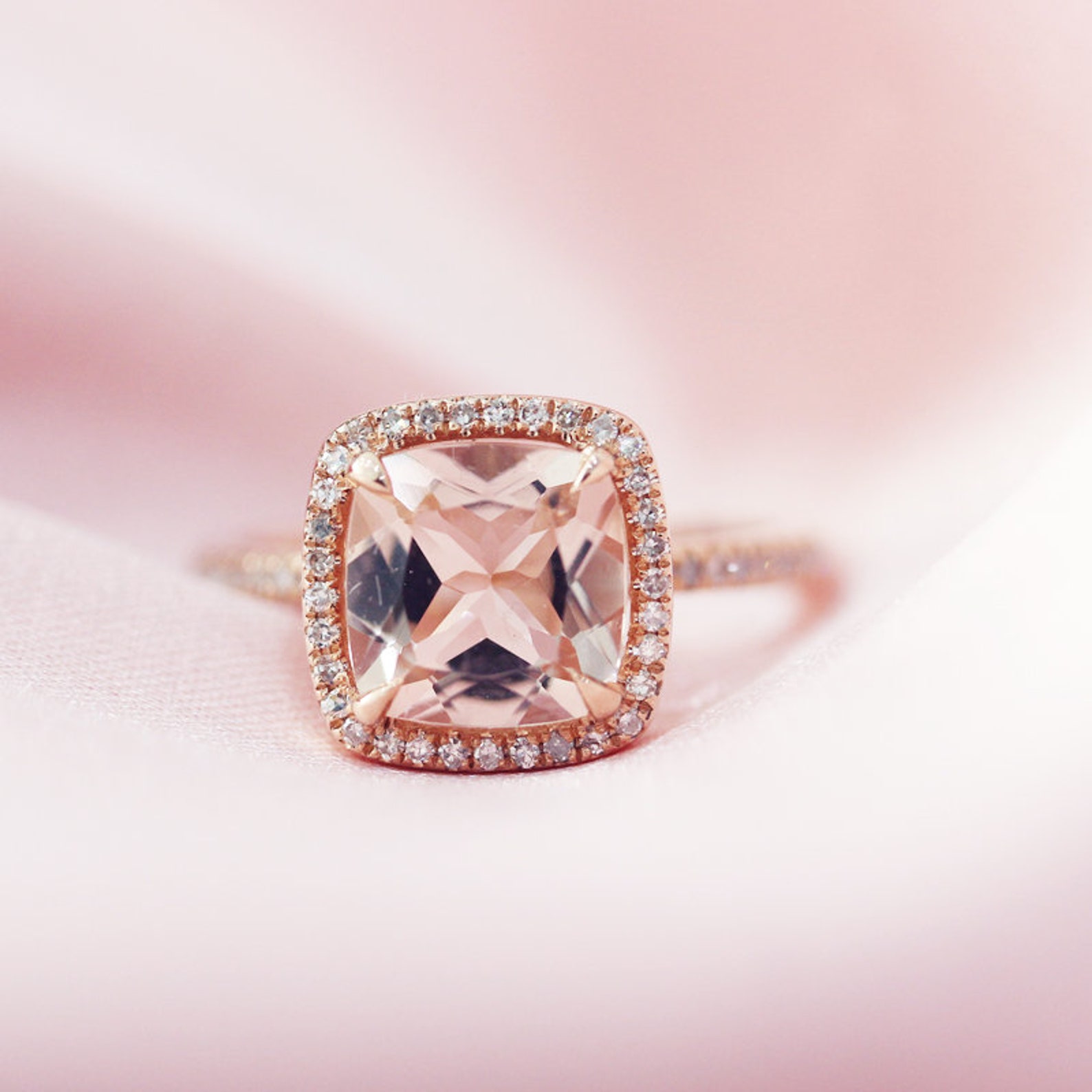 8mm Cushion Cut Natural Morganite Engagement Ring Diamonds | Etsy