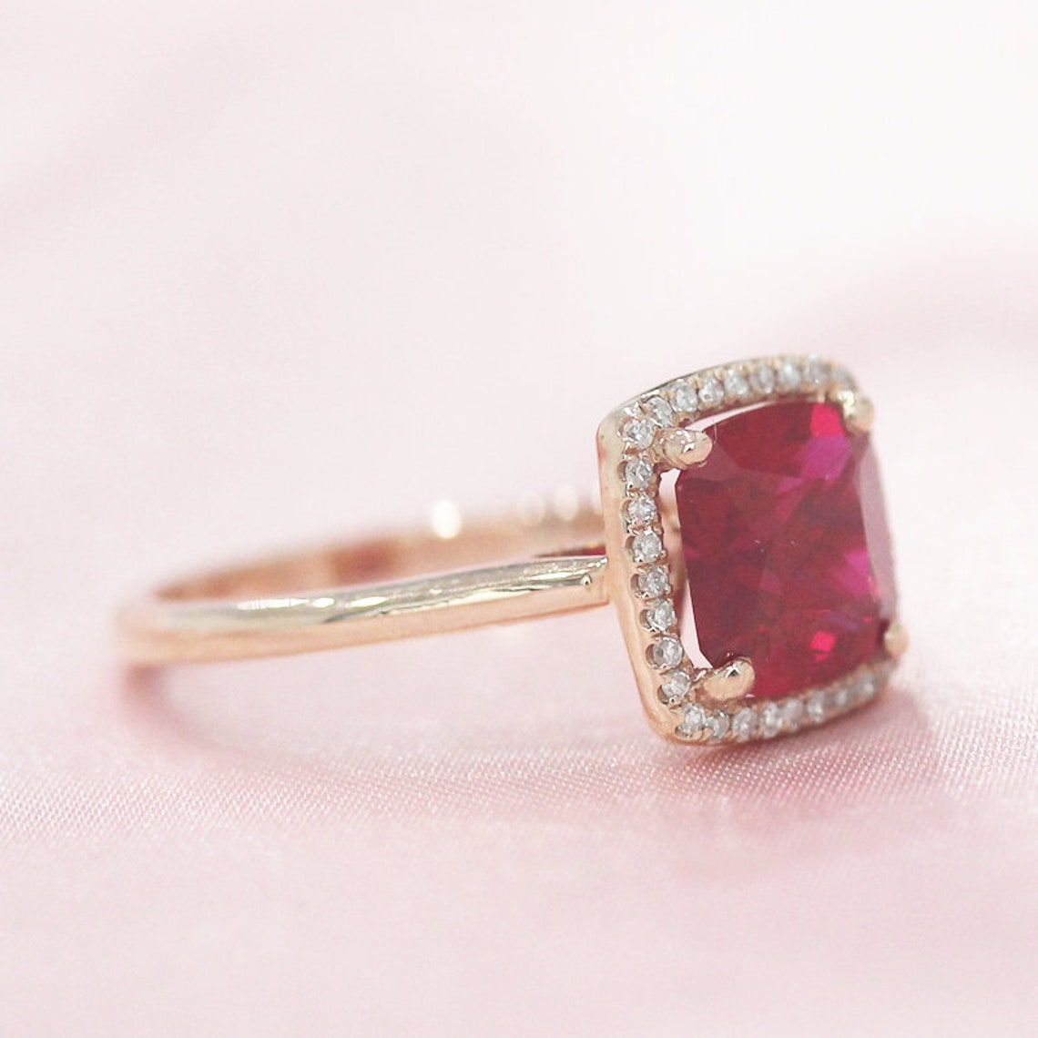 Large Gem 8mm Cushion Cut Treated Ruby Ring 14K Rose Gold | Etsy