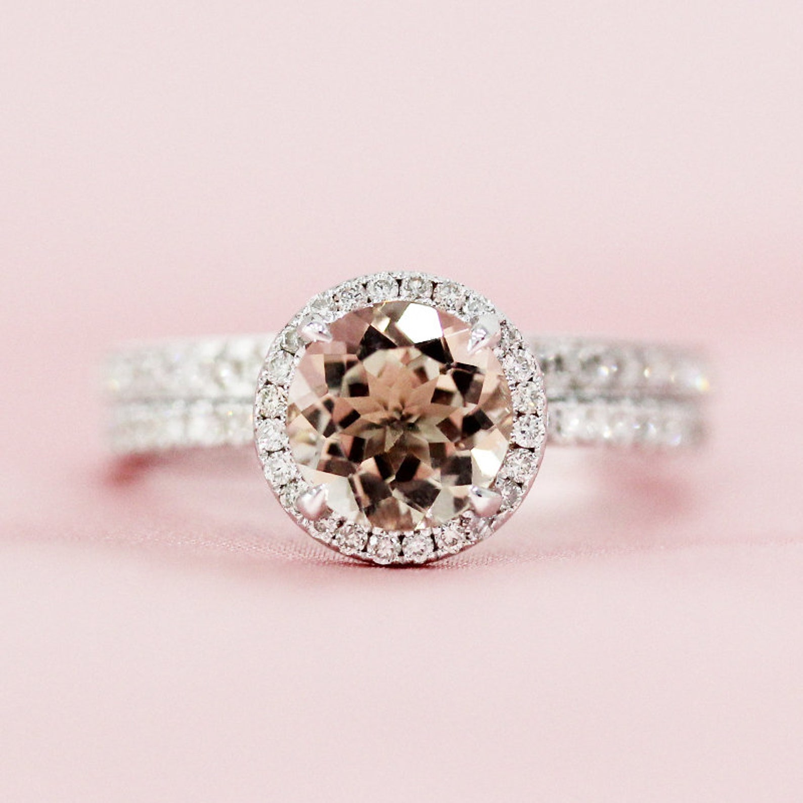 7mm Round Cut Natural Morganite Ring Set Half Eternity - Etsy