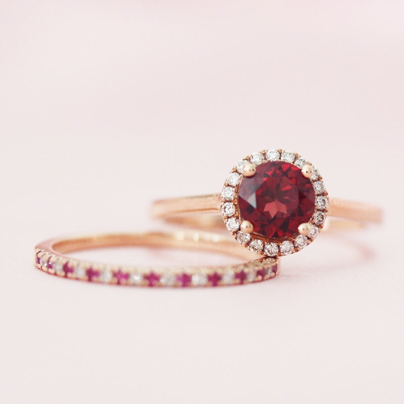 Red Gemstone Ring Set 6mm Round Cut Natural Garnet Ring | Etsy