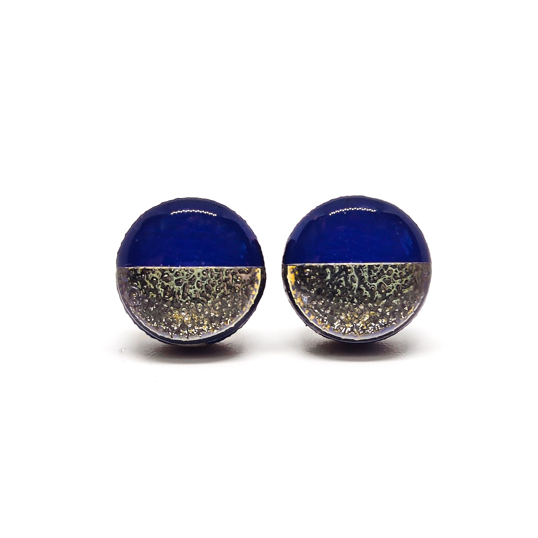Navy Blue and Faux Gold Two Tone Stud Earrings | 10 Mm Wood & Resin ...