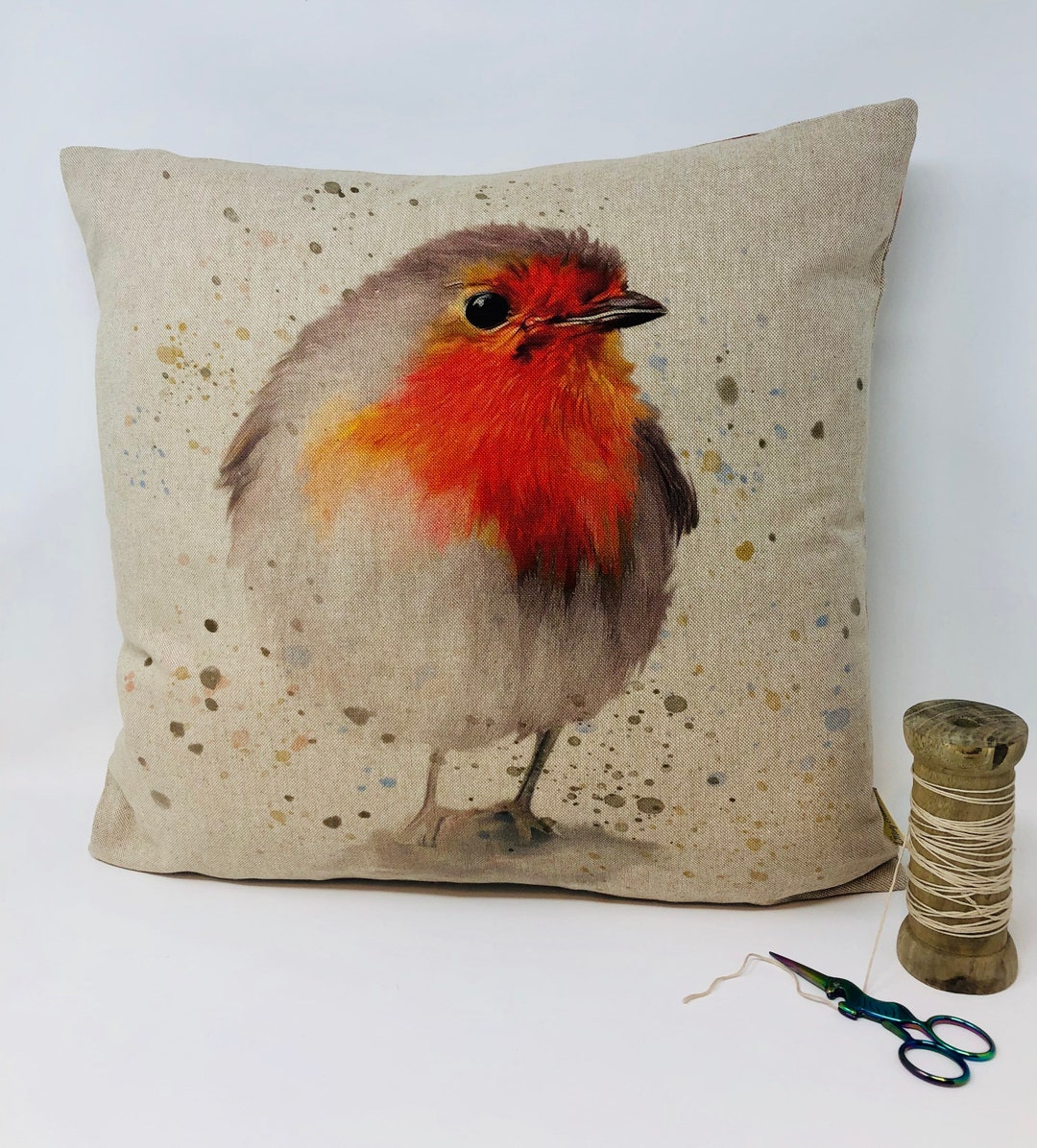Robin Cushion, Large Neutral and Red Robin Cushion Cover, Duck Feather ...