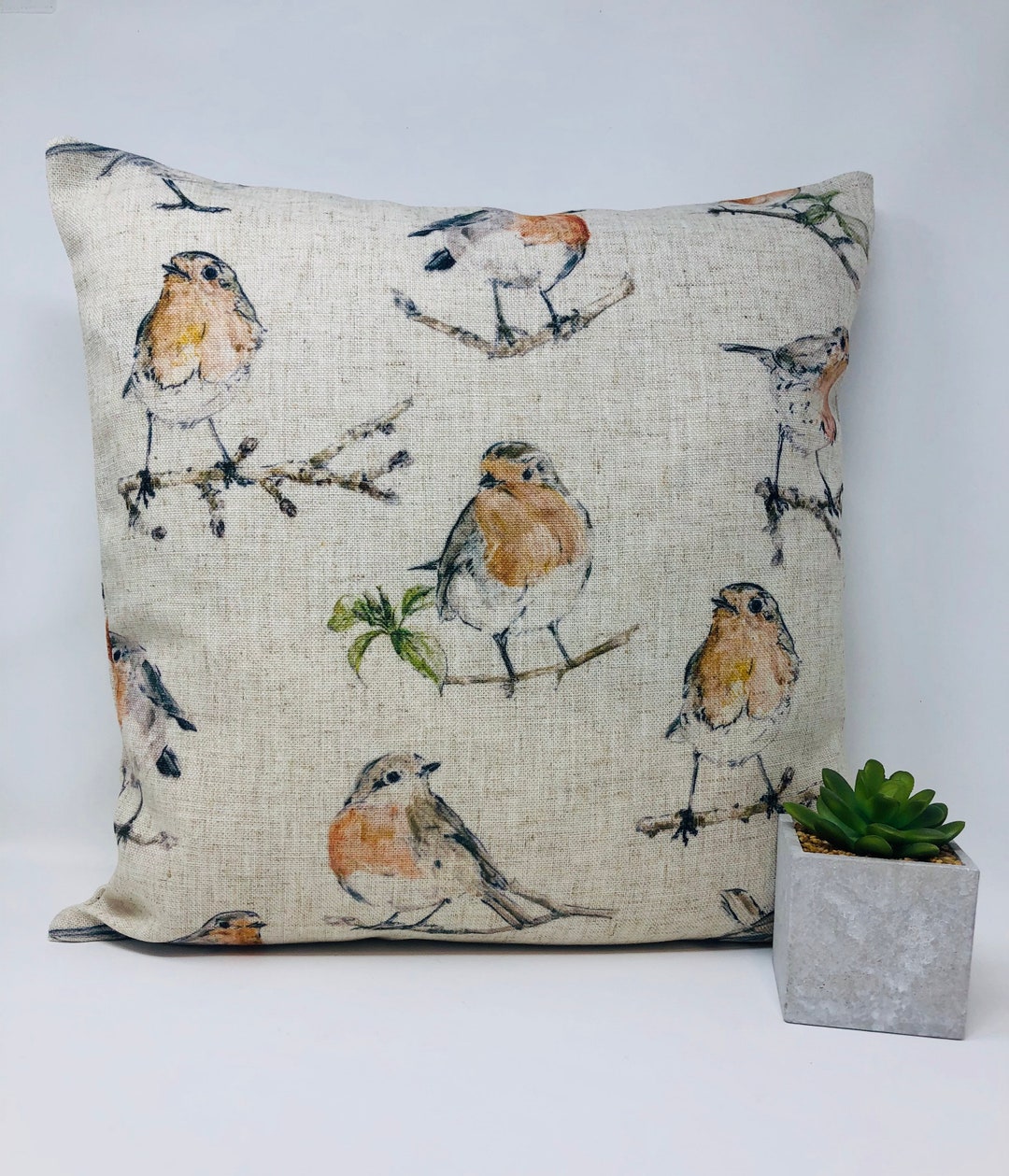Red Robin Cushion Cover, 100% Linen Robin Cushion Cover, Gift for Her ...
