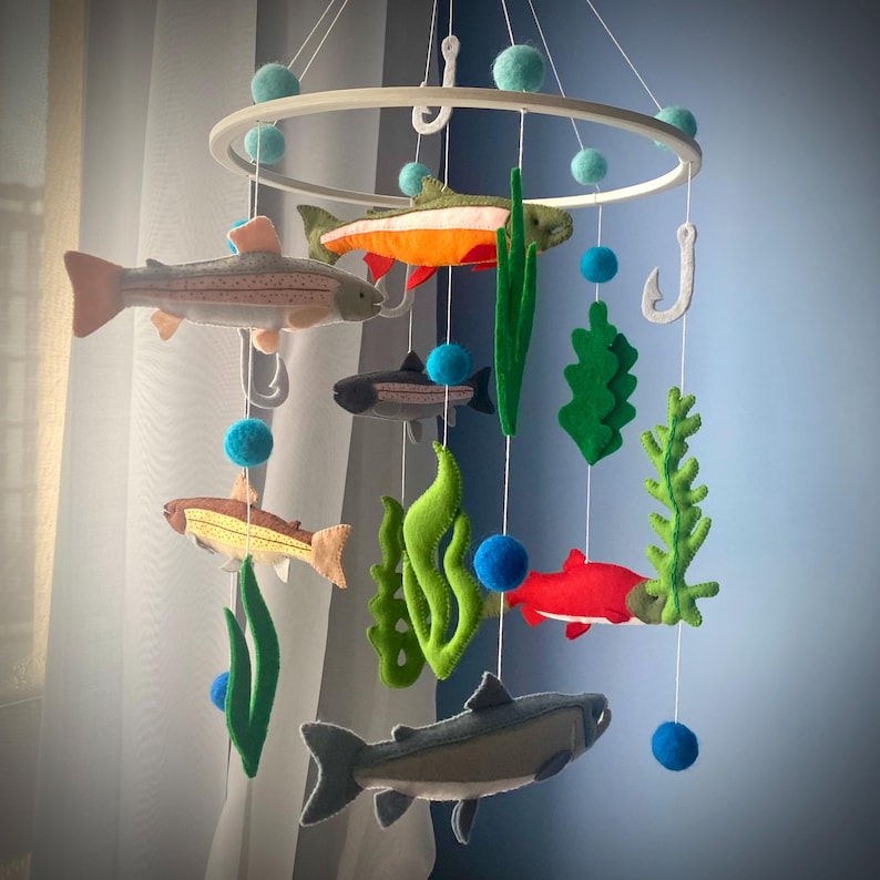 Freshwater Fish Baby Mobile - Hand-stitched Trout & Salmon - Fisherman ...