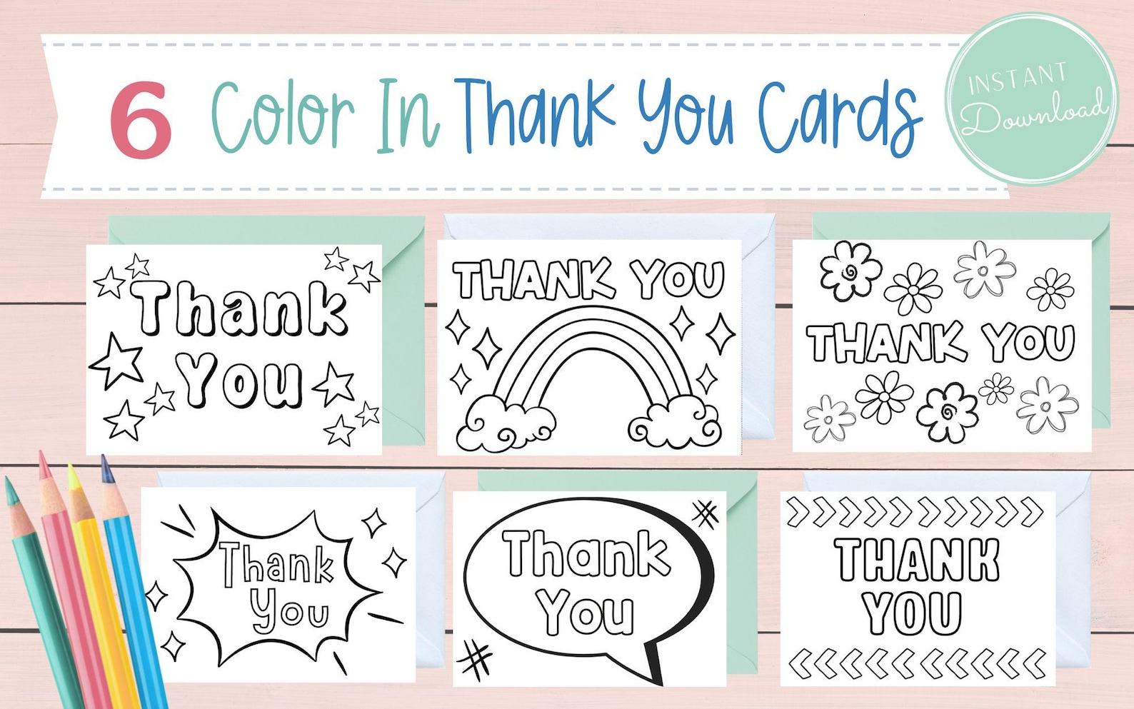 Color in Thank You Cards | Thank You Printable | Thank You Card Bundle ...