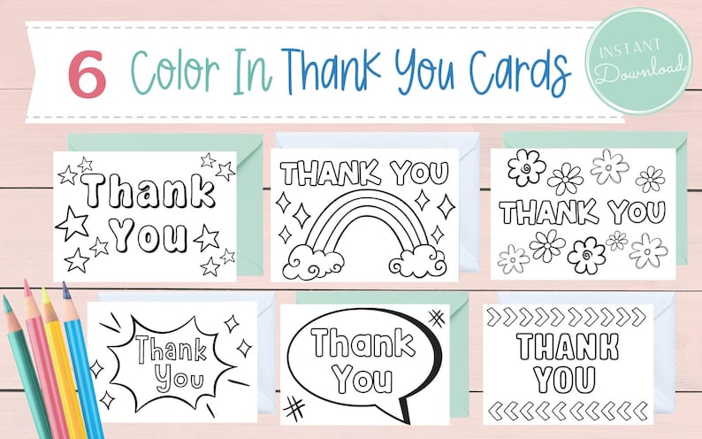 Color in Thank You Cards | Thank You Printable | Thank You Card Bundle ...