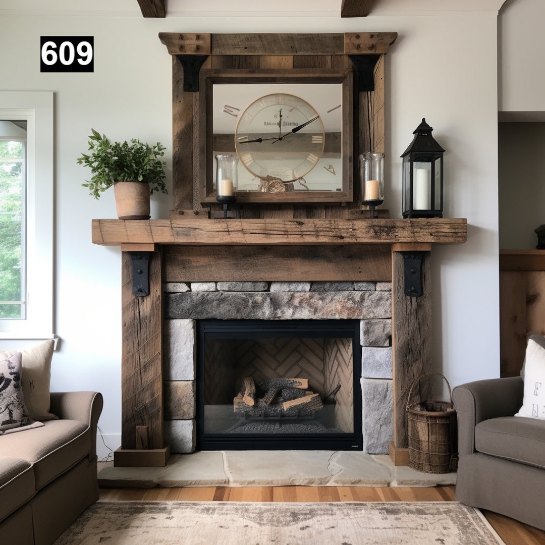 Rustic Reclaimed Wood Beam Mantel With Elegant Iron Accents #609 - Etsy