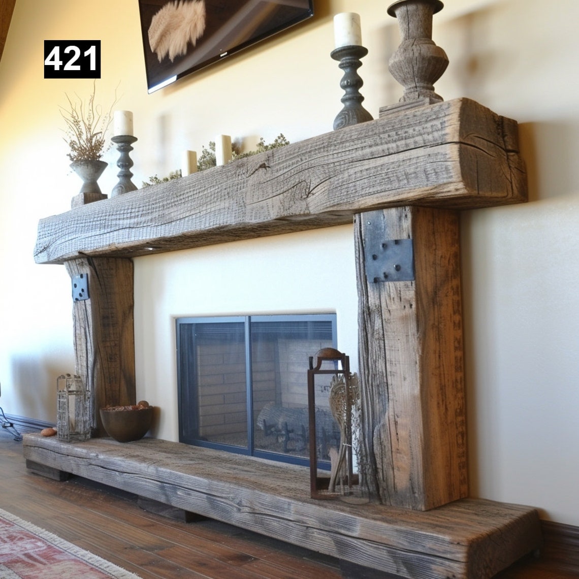 Regal Looking Reclaimed Wood Beam Fireplace Mantel With Legs #421 ...