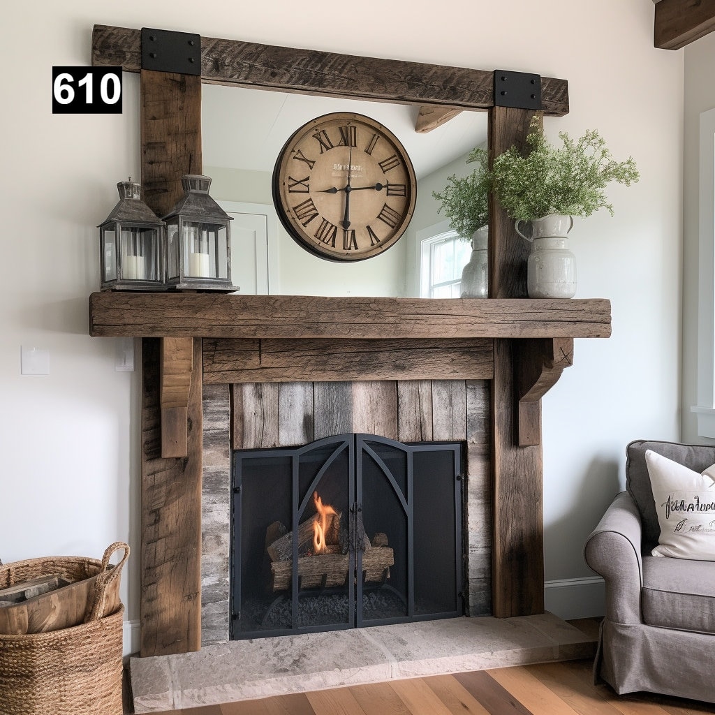 Rustic Reclaimed Wood Beam Mantel With Elegant Iron Accents 610 - Etsy