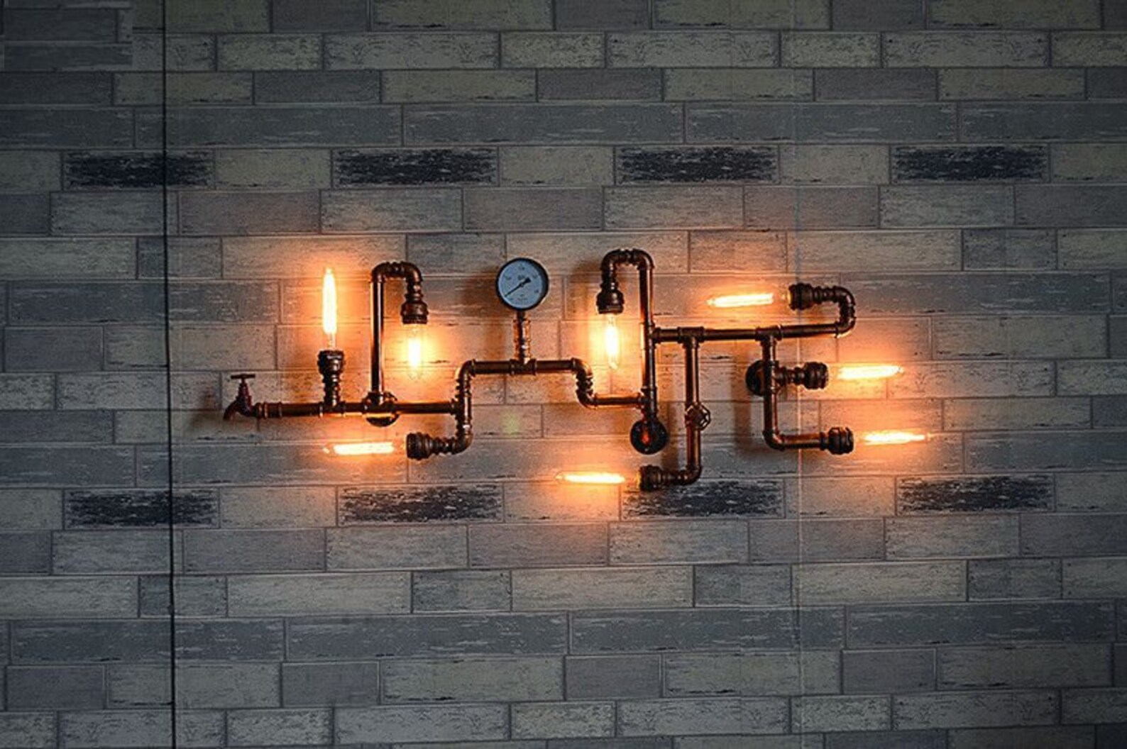 Industrial Pipe wall lamp with gauge faucet and valve | Etsy
