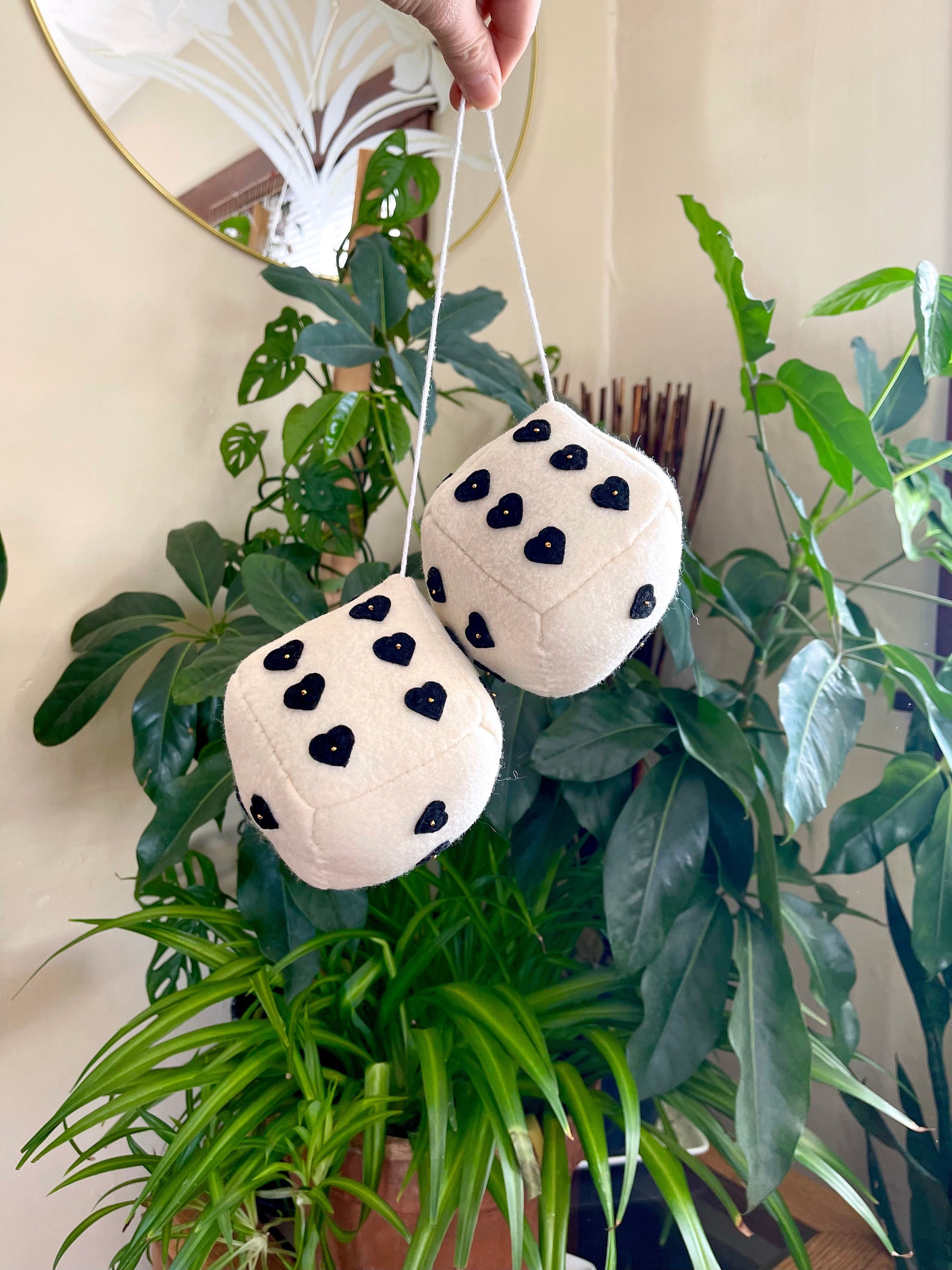 Oversized Cream Fuzzy Plush Dice With Black Hearts Groovy 70s Hanging Car Dice interior Rearview Mirror Decor Unique Car Gift Hot Rod Etsy