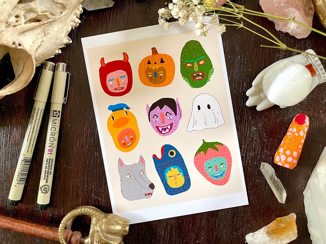Halloween Costume Cartoon Heads Art Illustration Print - Etsy
