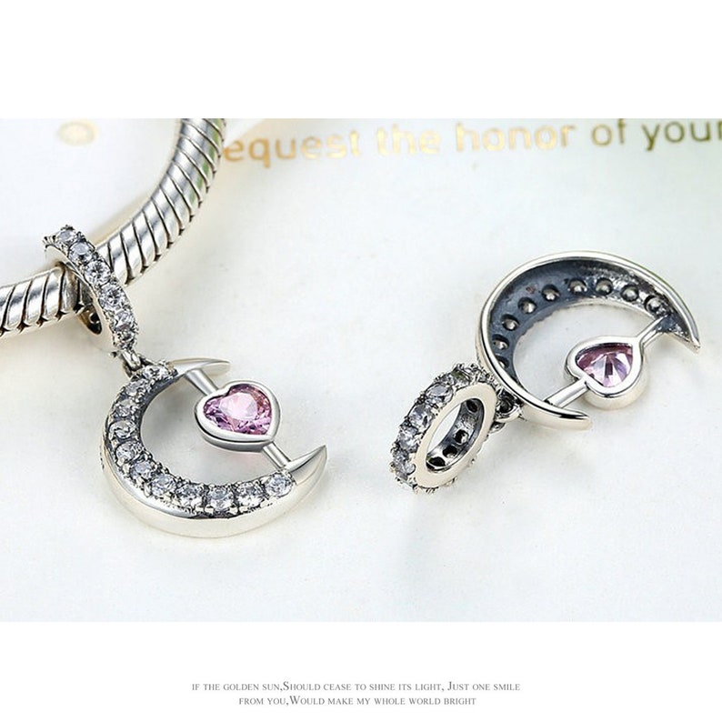 925 Sterling Silver Pink Heart in the Moon Charm Bead Fits Charm ...