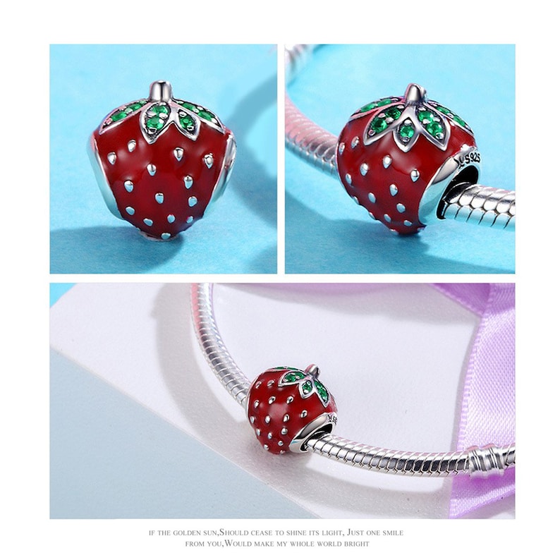 925 Sterling Silver Strawberry Charm Bead Fits European Charm Bracelet ...