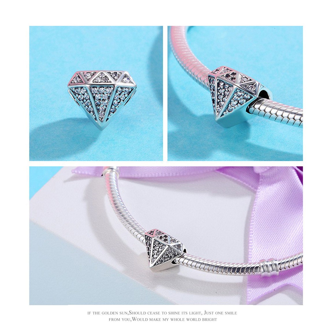 925 Sterling Silver Diamond Charm Bead Fits European Charm Bracelet ...