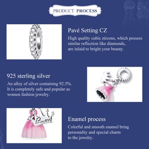 925 Sterling Silver Pink Enamel Princess Charm Bead Fits European Charm ...
