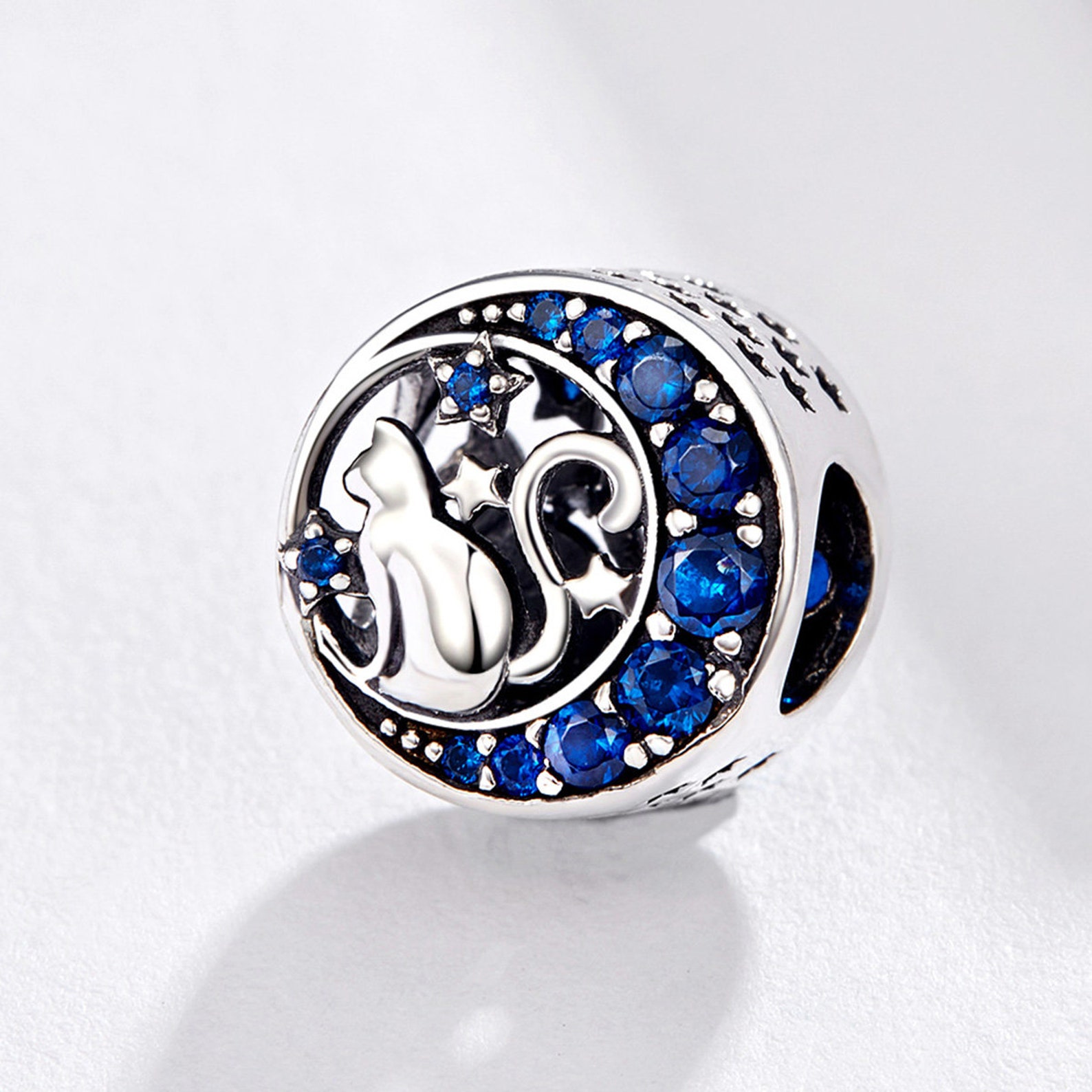 925 Sterling Silver Cat on the Blue Moon Charm Bead Fits European Charm ...