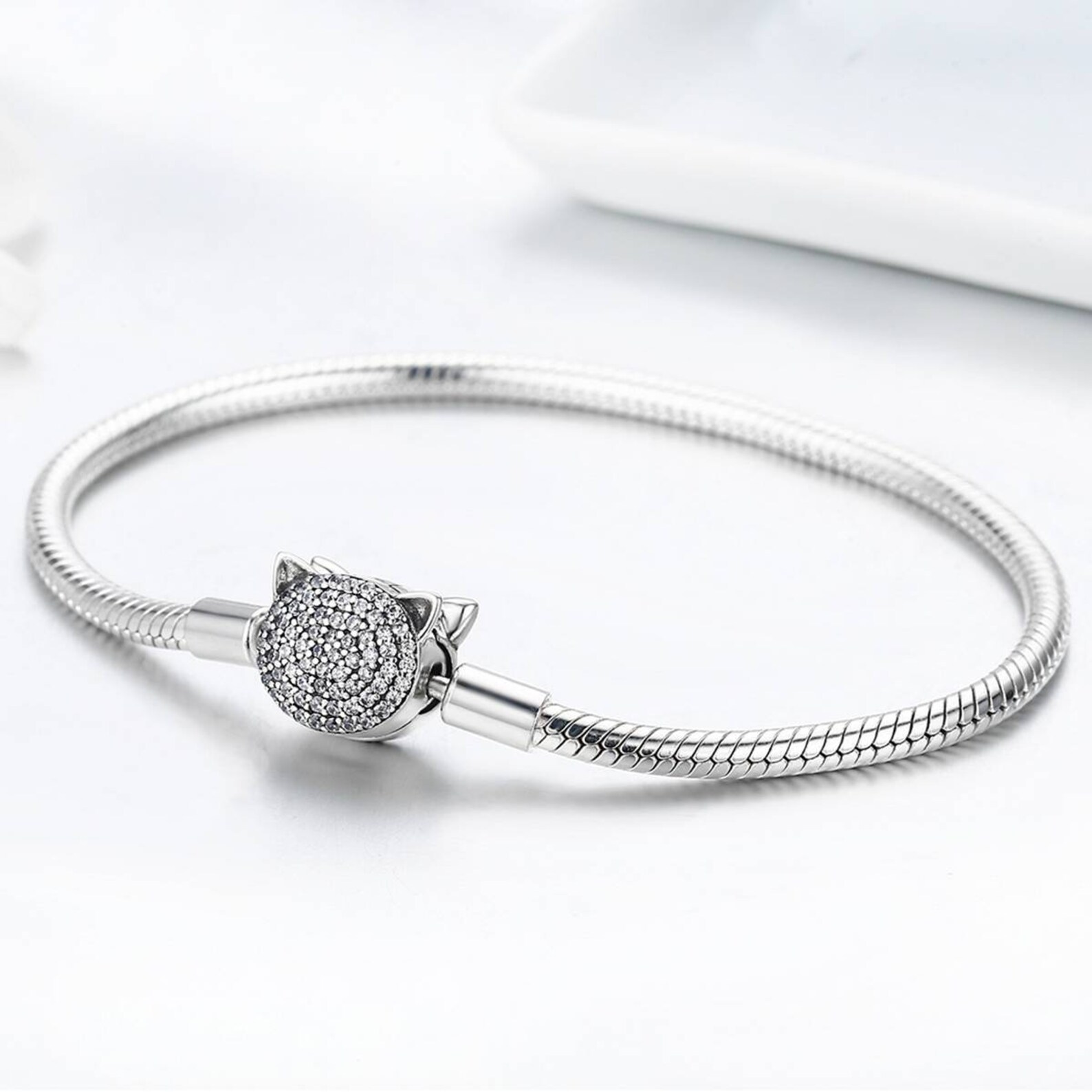 Solid 925 Sterling Silver Snap Clasp Cat Bangle Charm Bracelet - Etsy