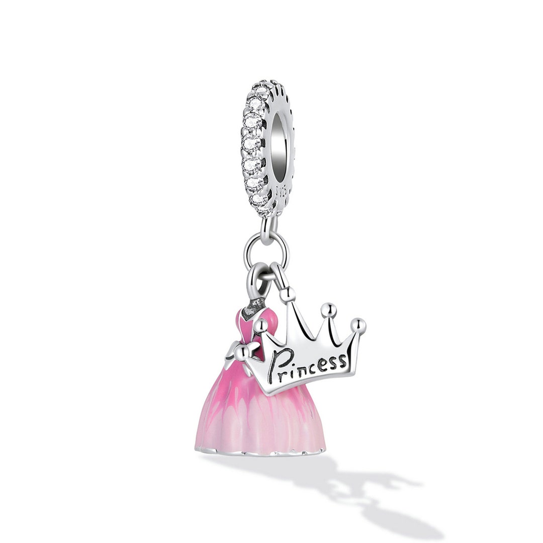 925 Sterling Silver Pink Enamel Princess Charm Bead Fits European Charm ...