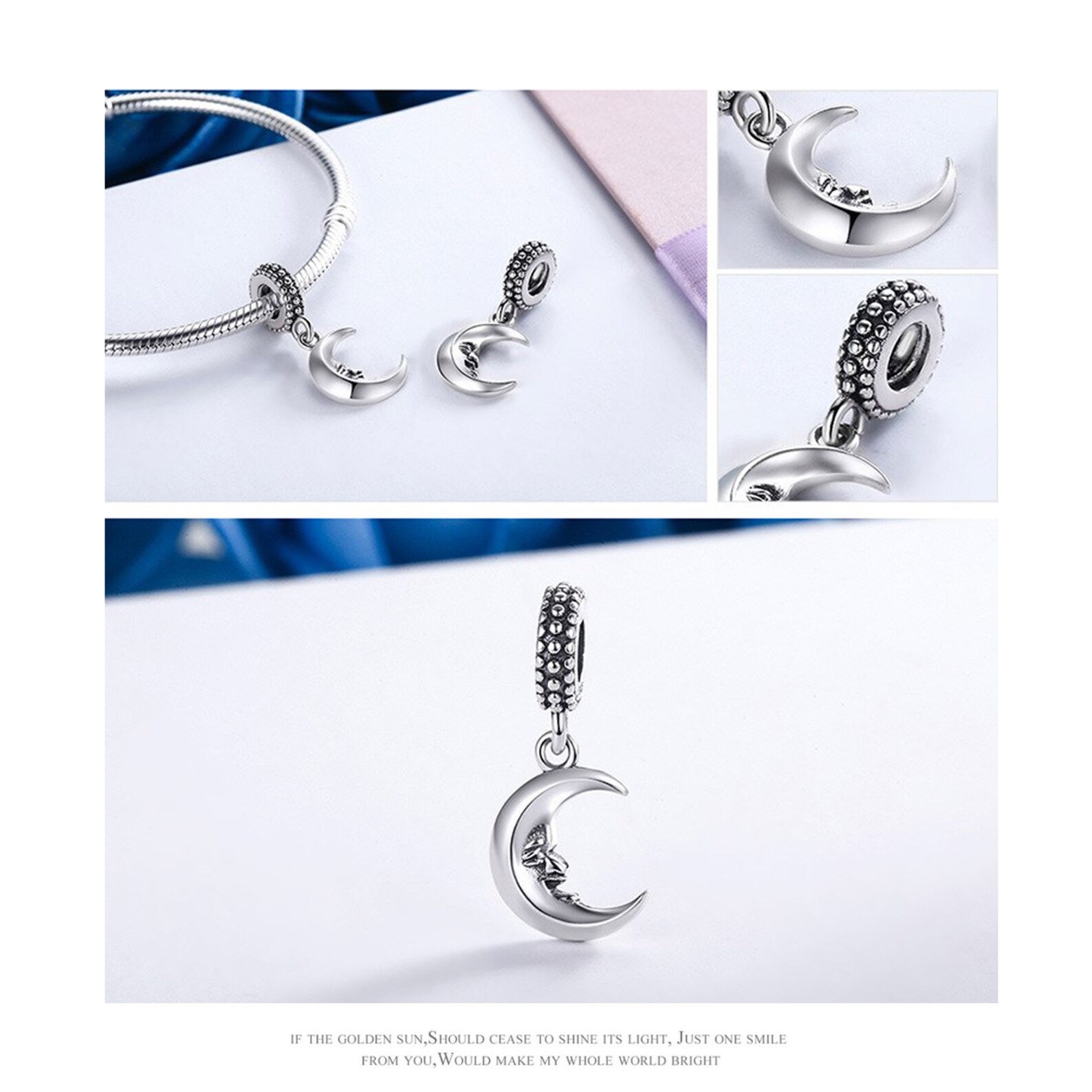925 Sterling Silver Moon Charm Bead Fits European Charm Bracelet ...