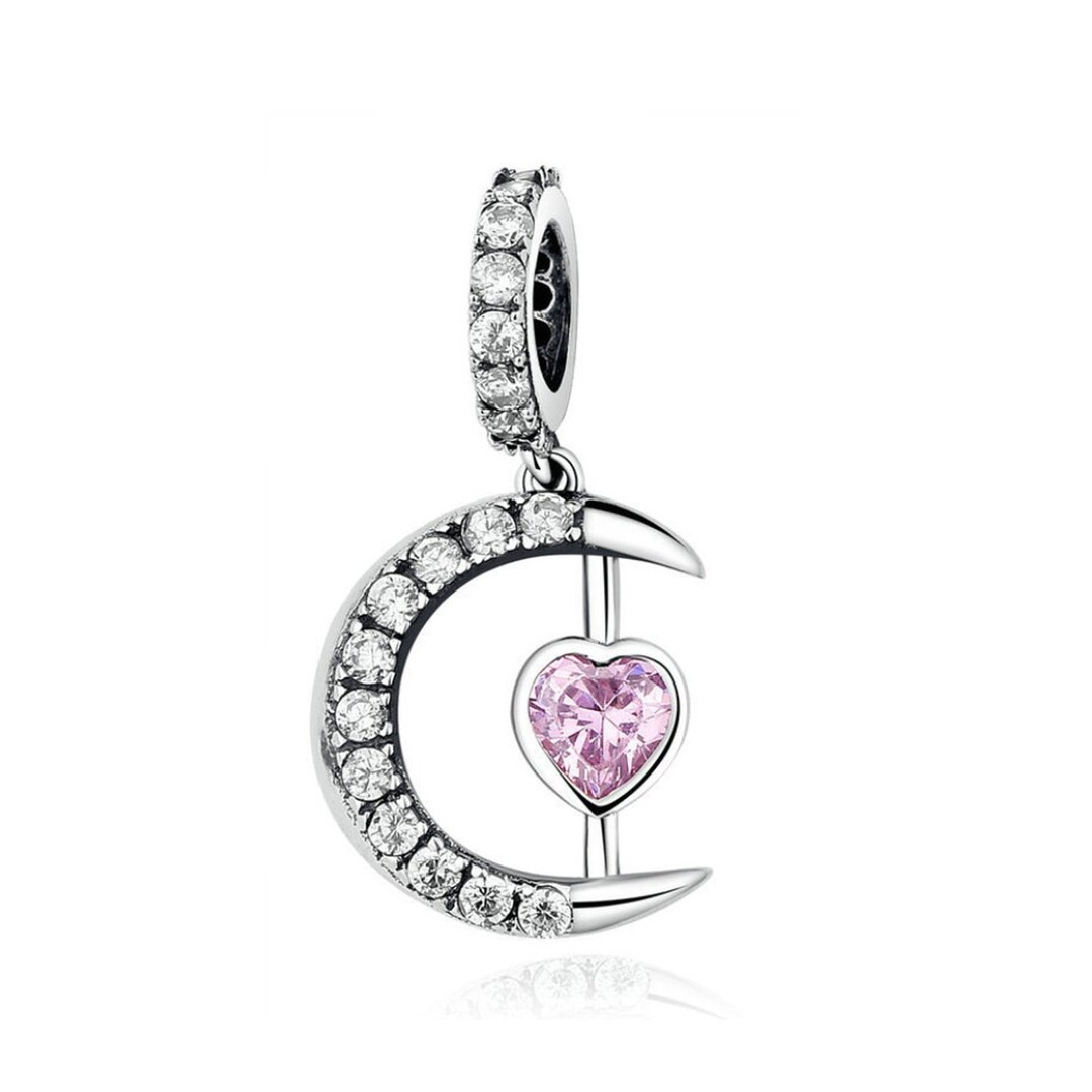 925 Sterling Silver Pink Heart in the Moon Charm Bead Fits Charm ...