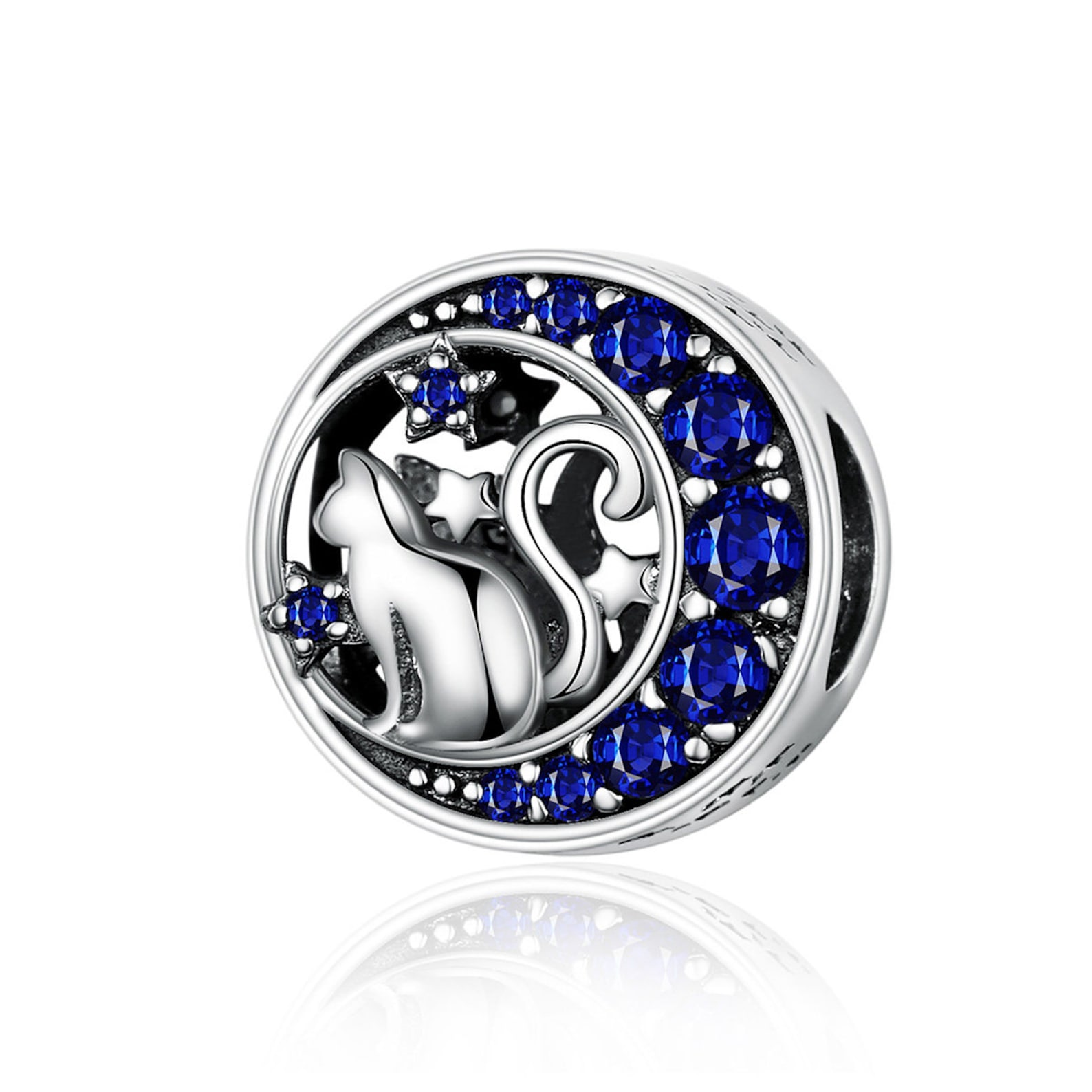 925 Sterling Silver Cat on the Blue Moon Charm Bead Fits European Charm ...