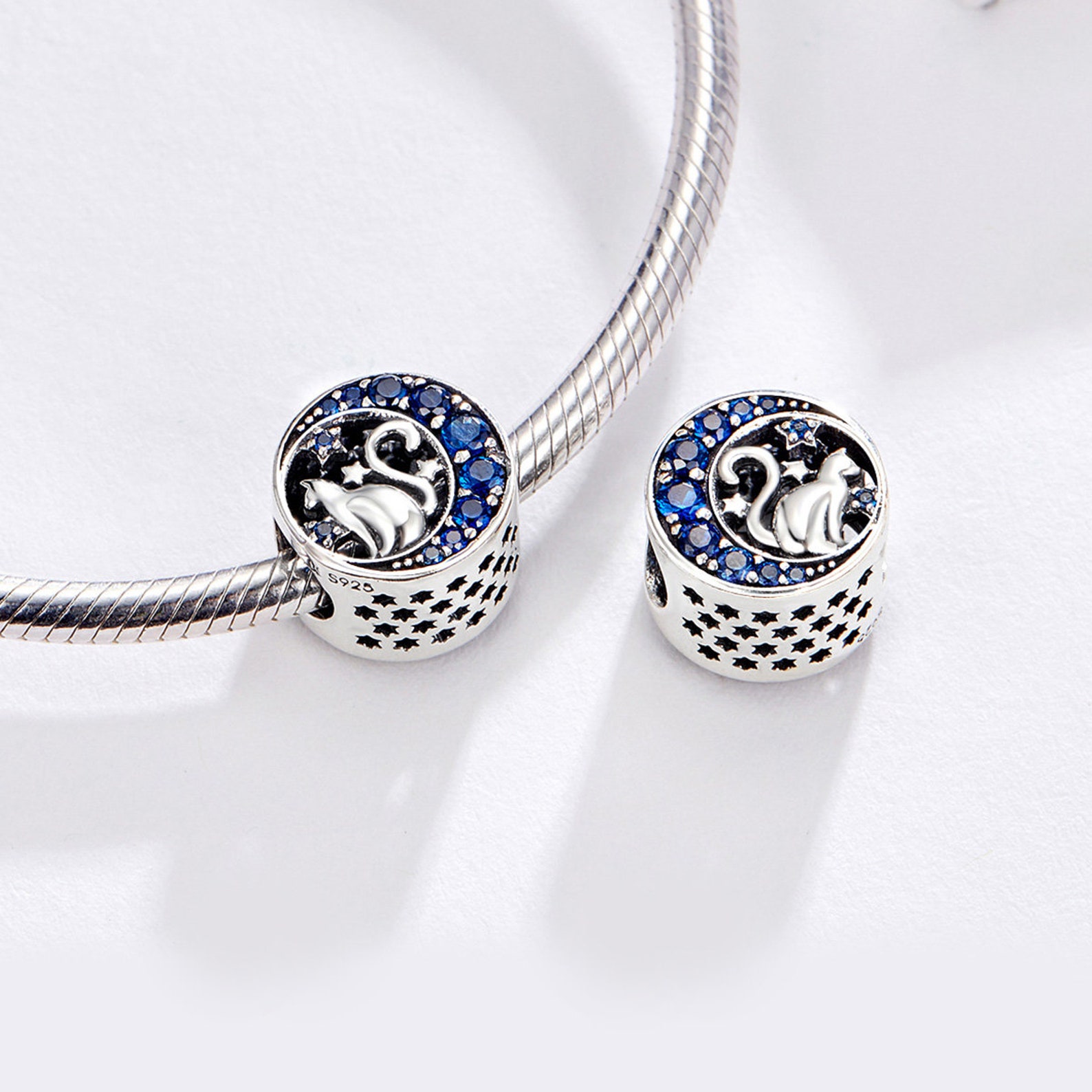 925 Sterling Silver Cat on the Blue Moon Charm Bead Fits European Charm ...