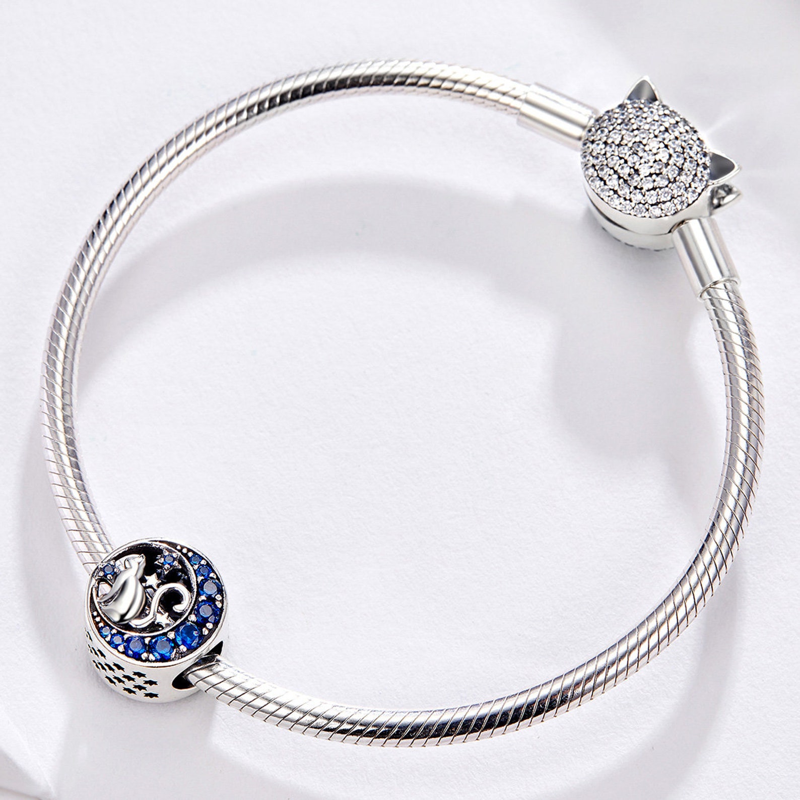 925 Sterling Silver Cat on the Blue Moon Charm Bead Fits European Charm ...