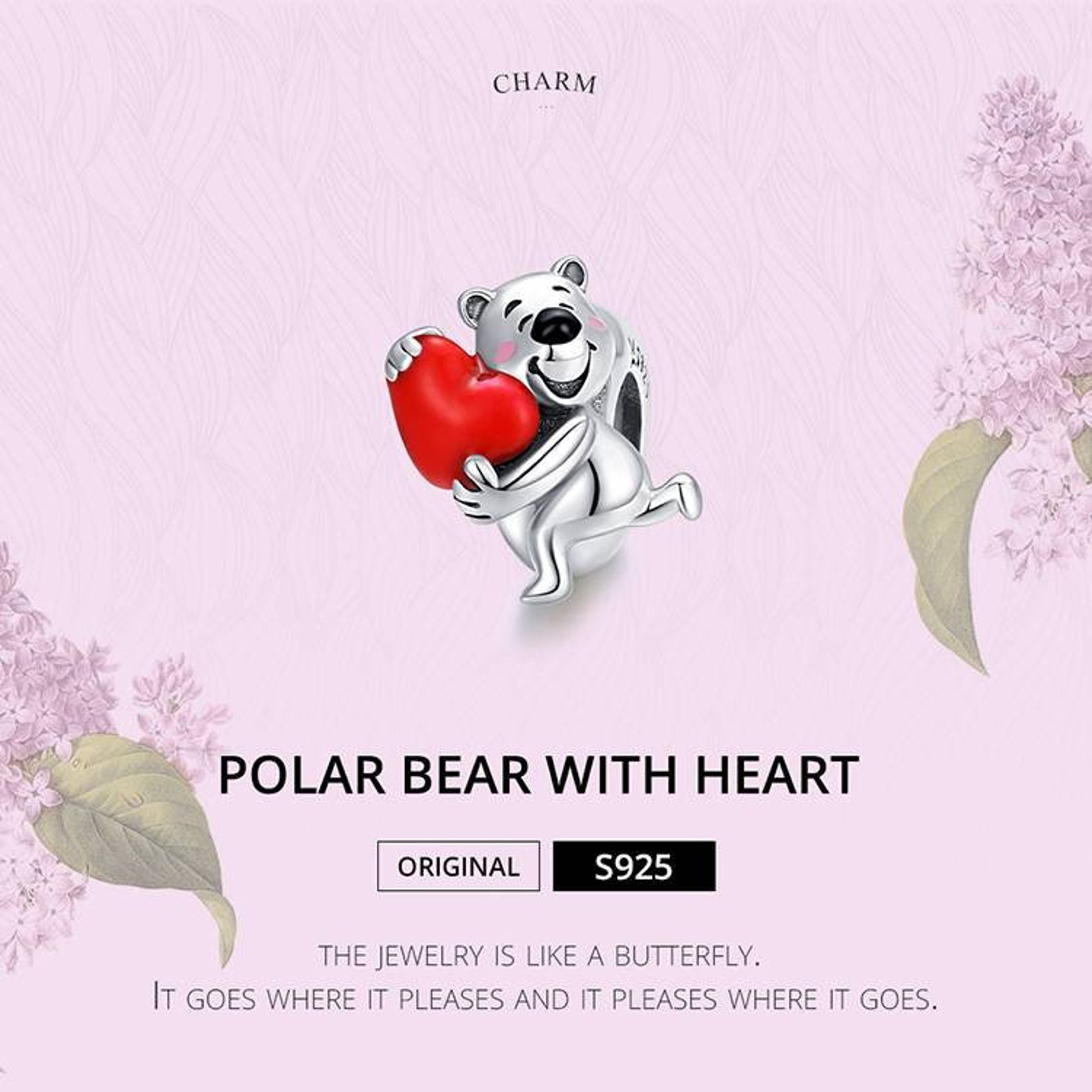 925 Sterling Silver Polar Bear With Heart Charm Bead Fits Charm ...