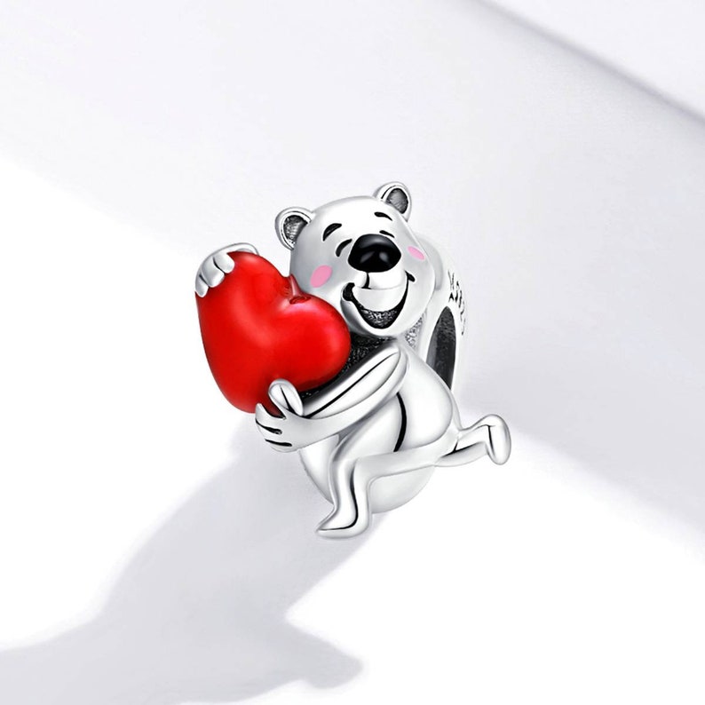 925 Sterling Silver Polar Bear With Heart Charm Bead Fits Charm ...