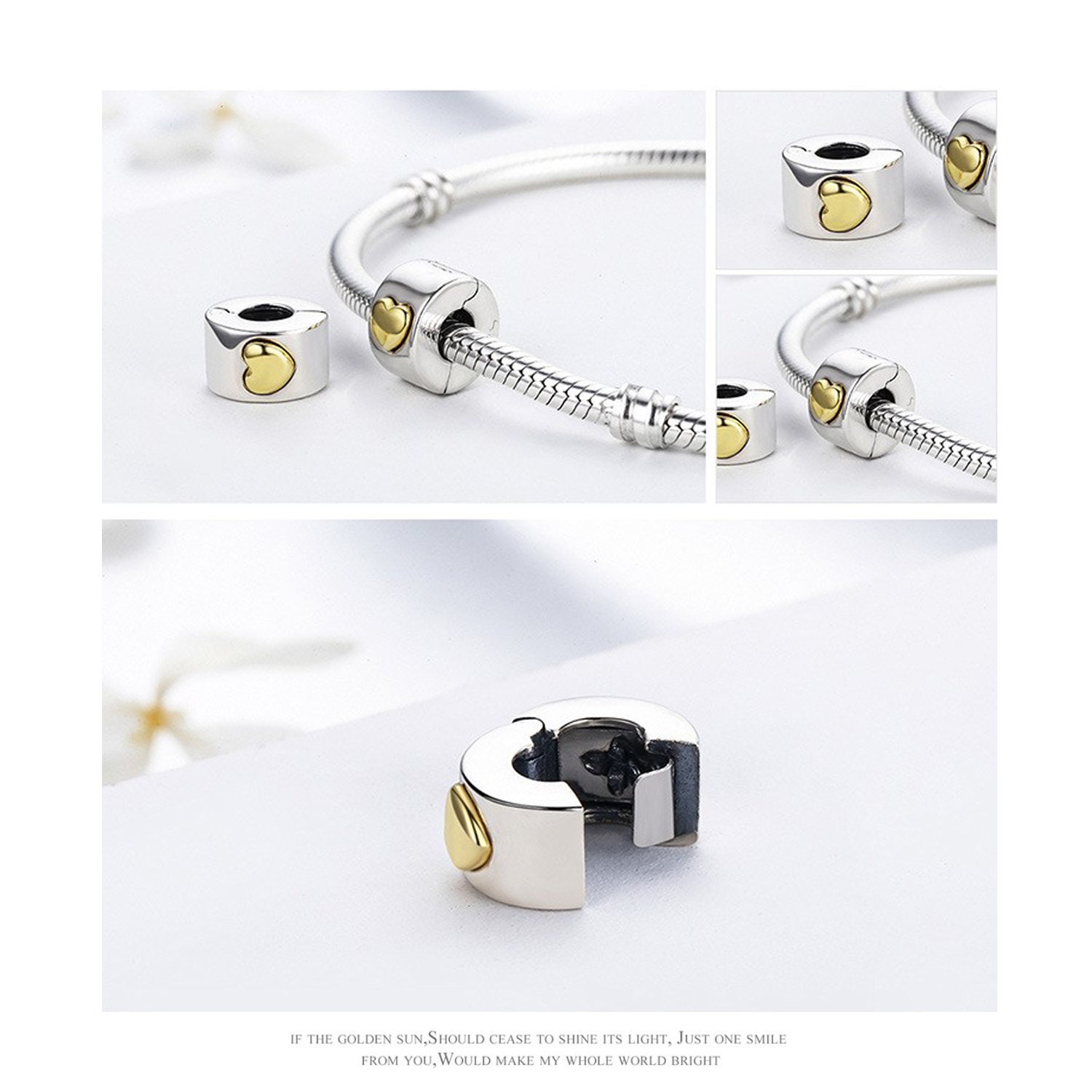 925 Sterling Silver Gold Heart Clip Charm Fits European Charm - Etsy