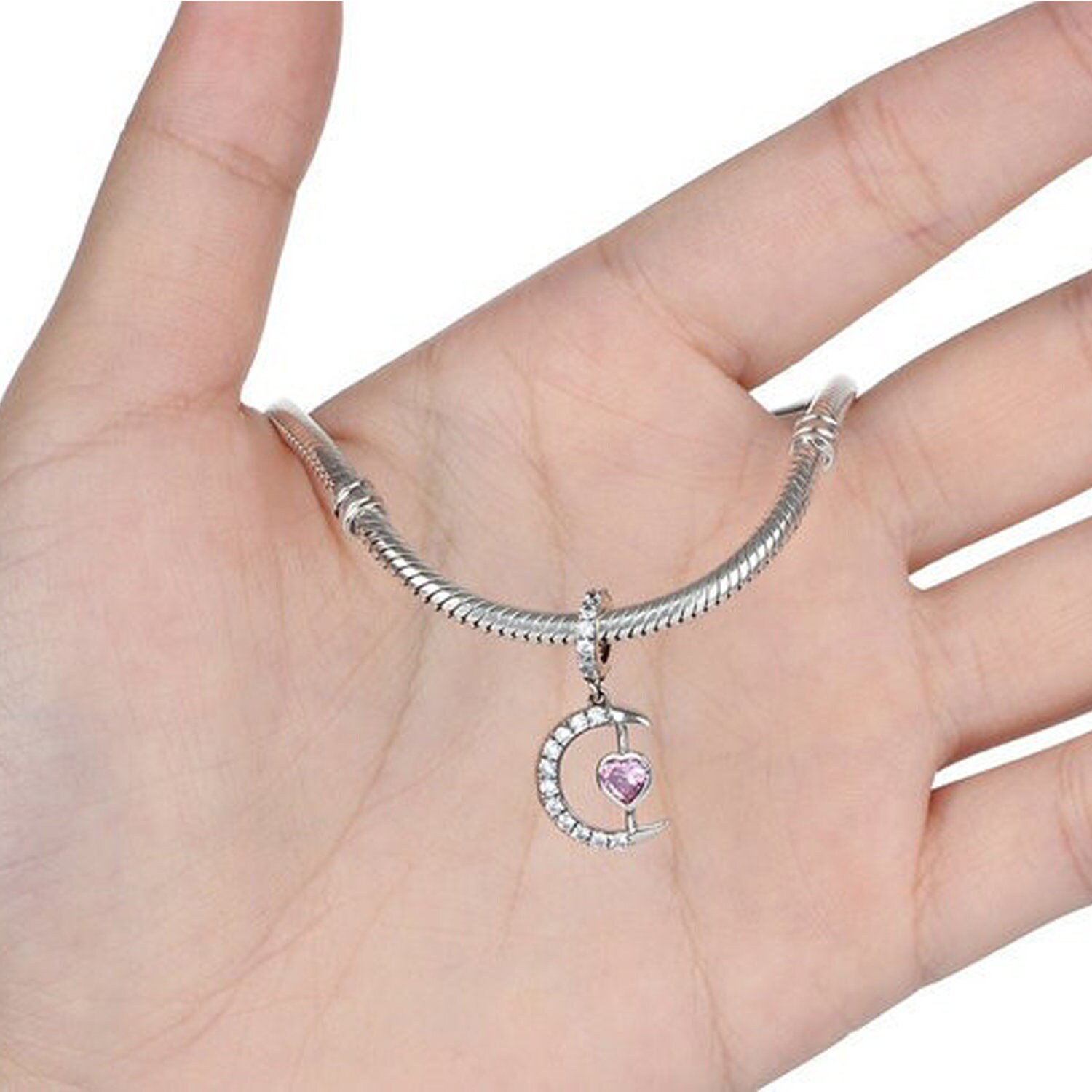 925 Sterling Silver Pink Heart In the Moon Charm Bead Fits | Etsy