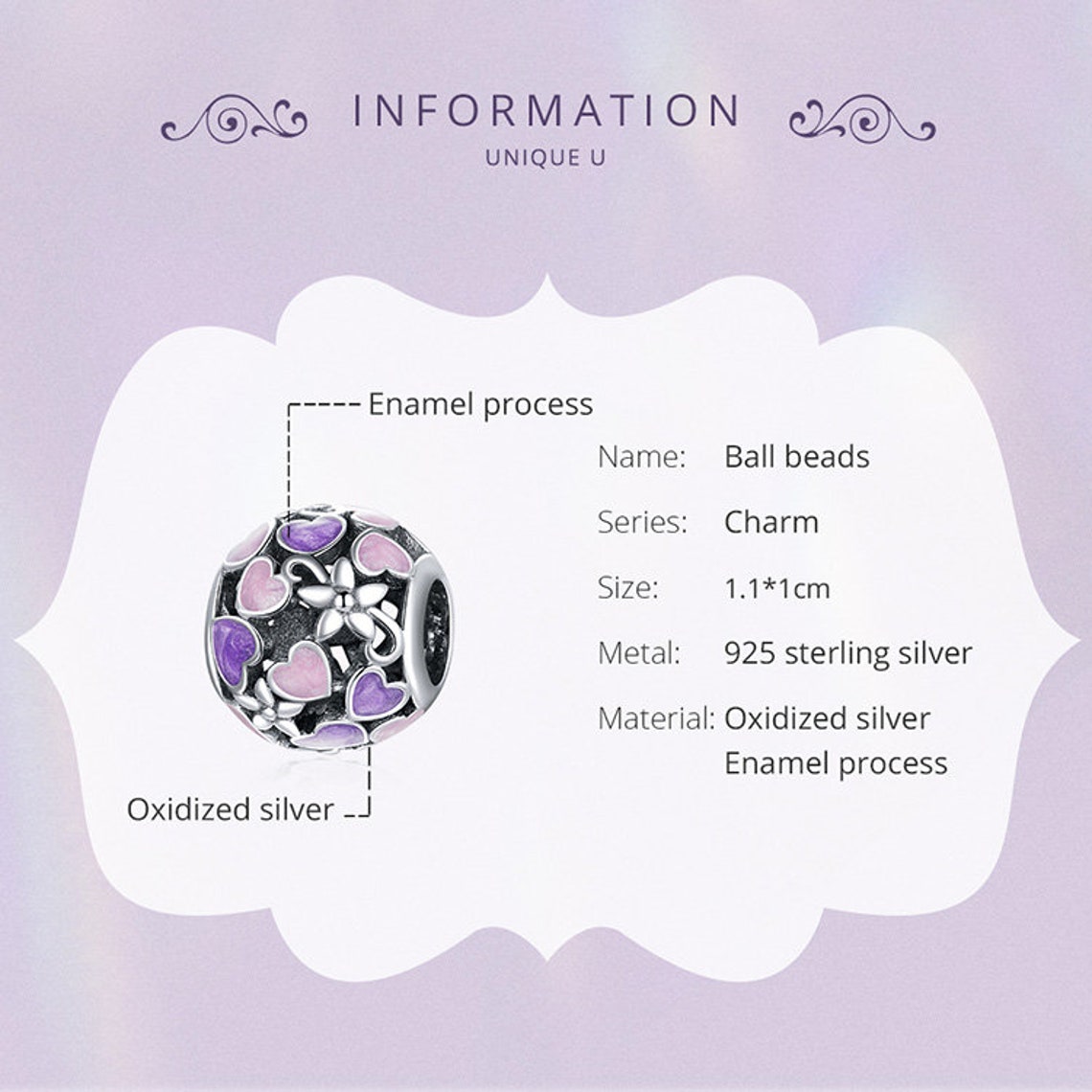 925 Sterling Silver Purple Enamel Heart Charm Bead for European Charm ...