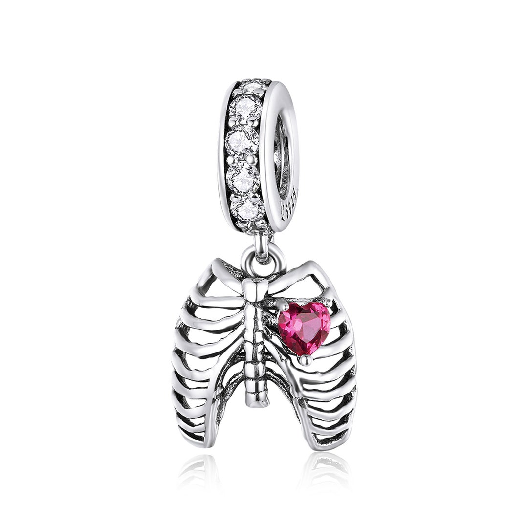 925 Sterling Silver Ribs and Heart Charm Bead Fits Charm Bracelet ...