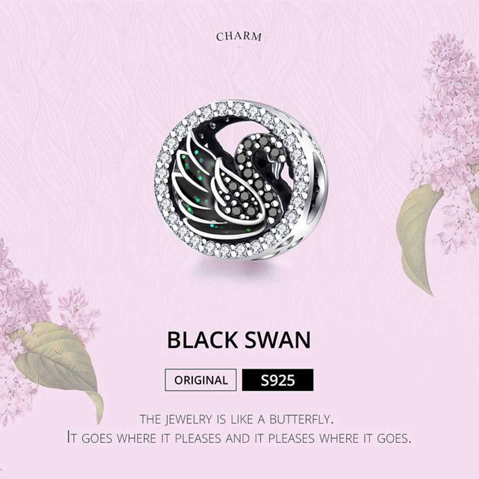 925 Sterling Silver Black Swan Charm Bead Fits European Charm - Etsy