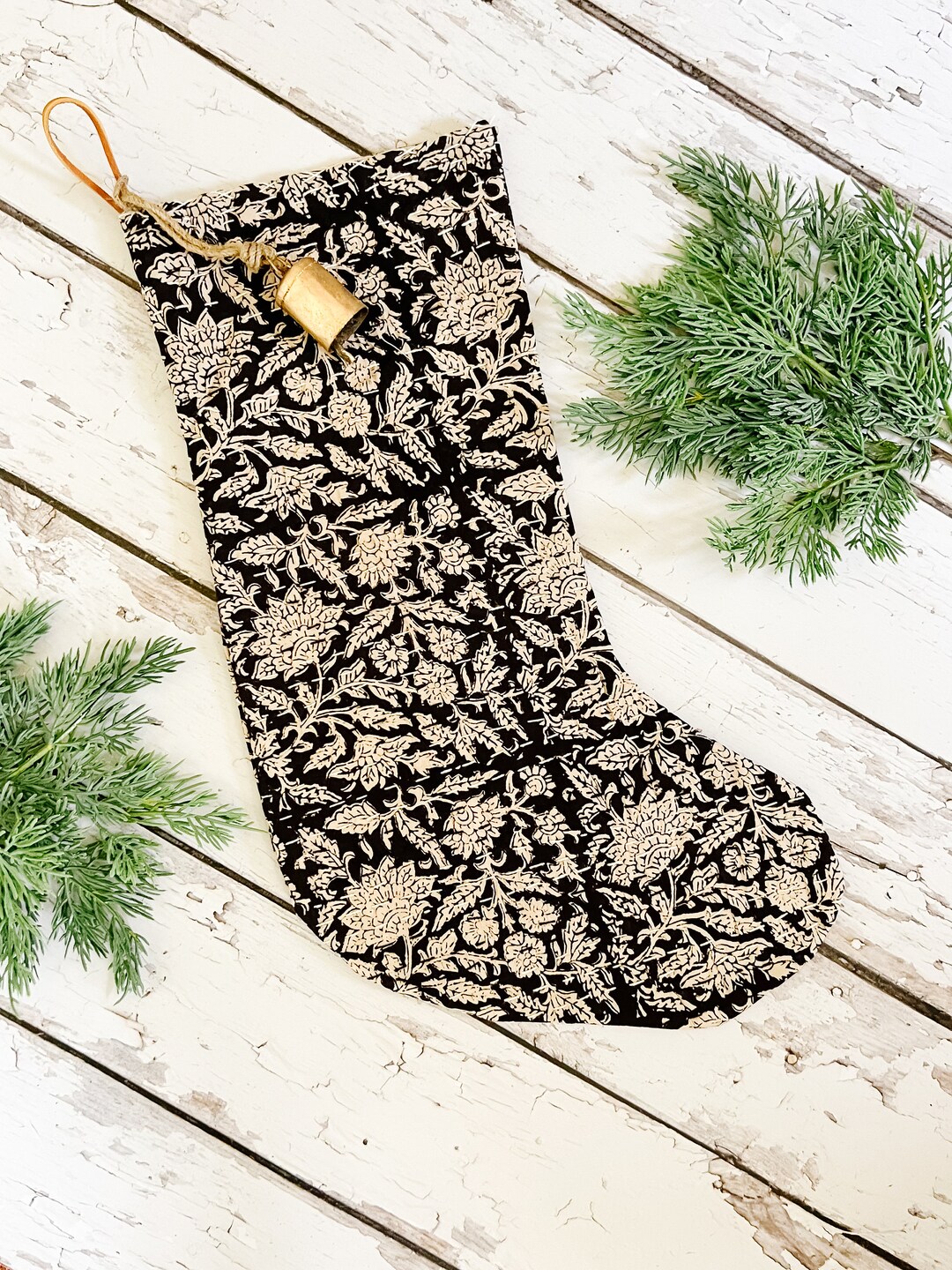 Vintage Inspired Black Floral Block Print Christmas Stockings Trendy ...