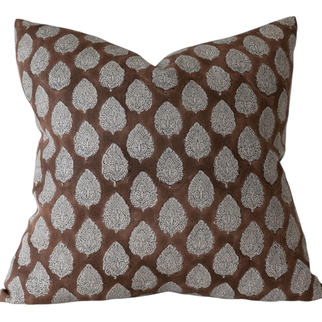 Designer "boulder" Block Print Floral Pillow Cover // Natural Tan Brown ...