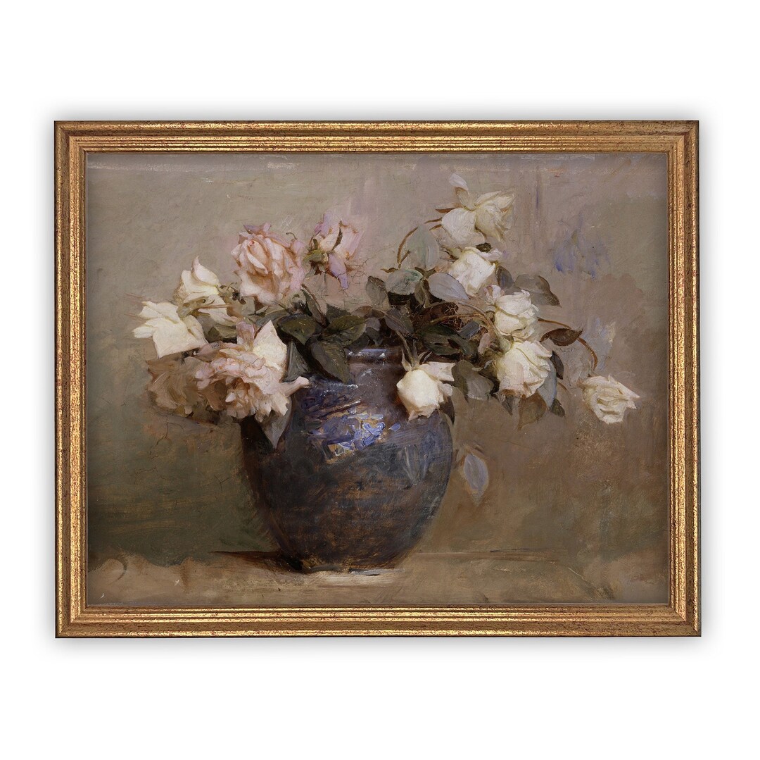 Framed Vintage Floral Canvas Print: Farmhouse Still Life Art - Etsy