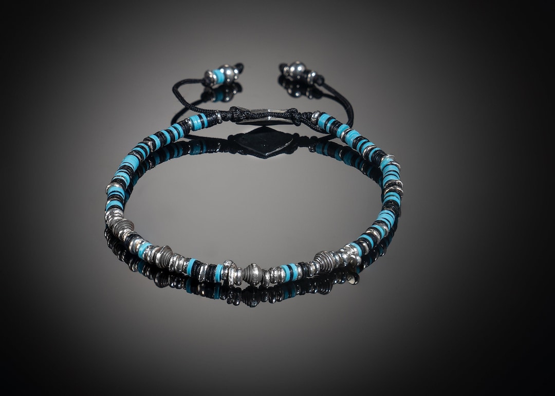 Bright Blue and Black African Disc Beads With Oxidized Sterling Silver ...
